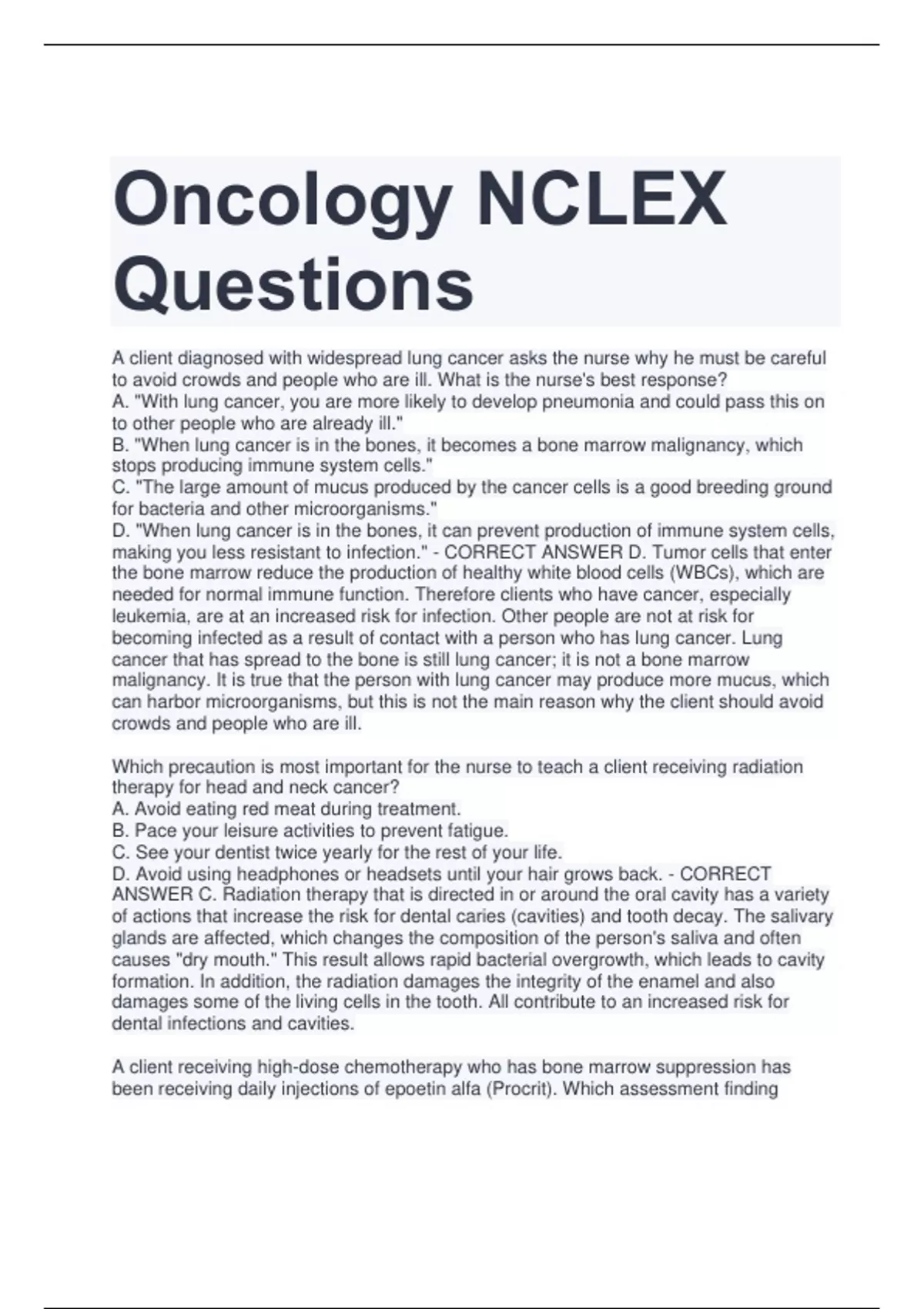 Oncology NCLEX Questions and answers 2023/2024 - Oncology NCLEX - Stuvia US