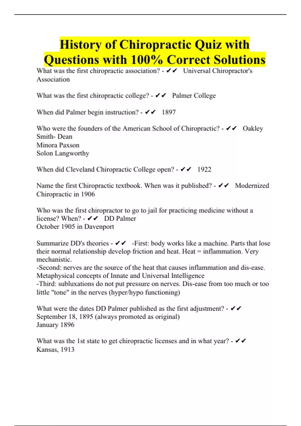 History of Chiropractic Quiz with Questions with 100% Correct Solutions ...