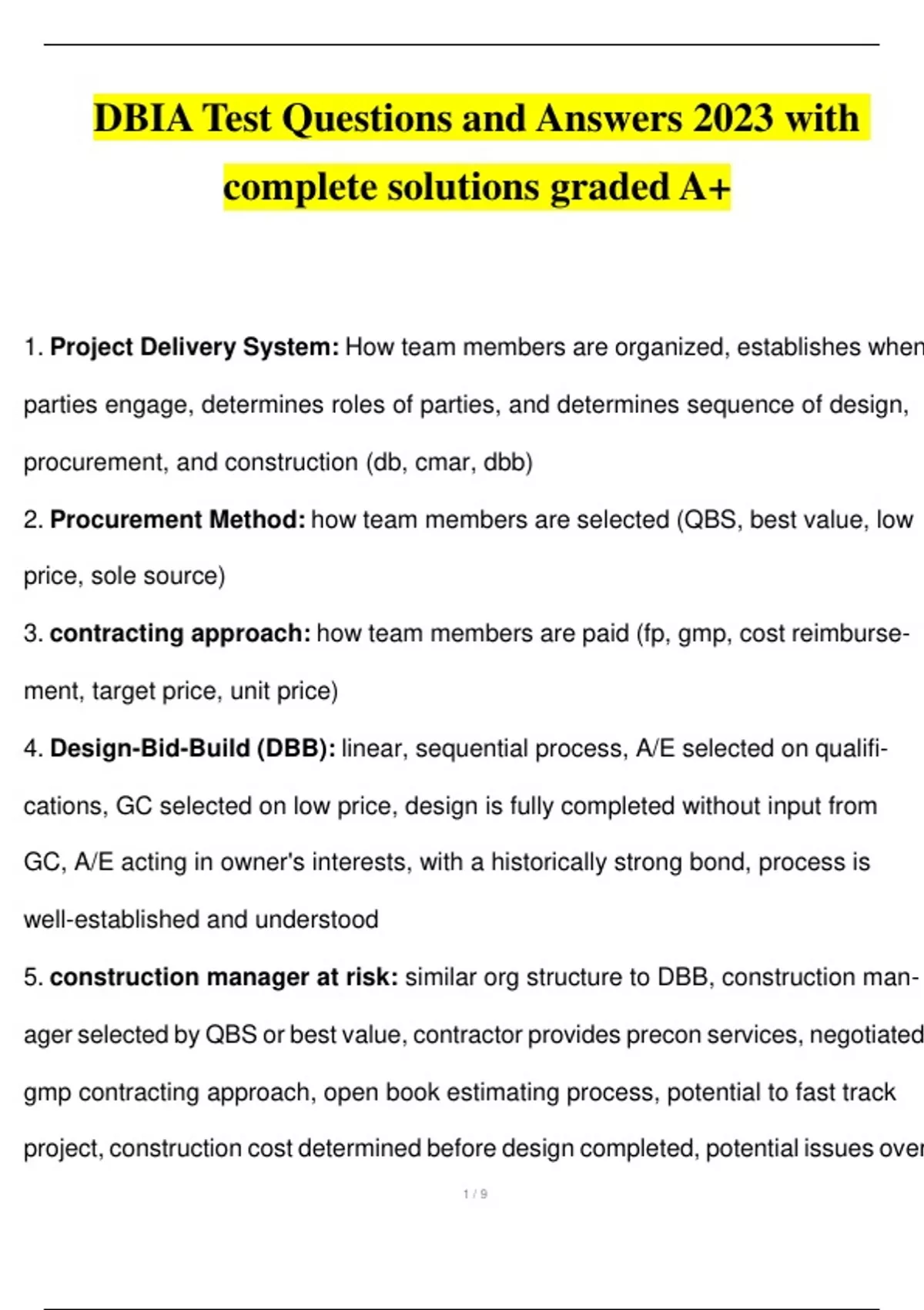 DBIA Test Questions and Answers 2023 with complete solutions graded A+ ...