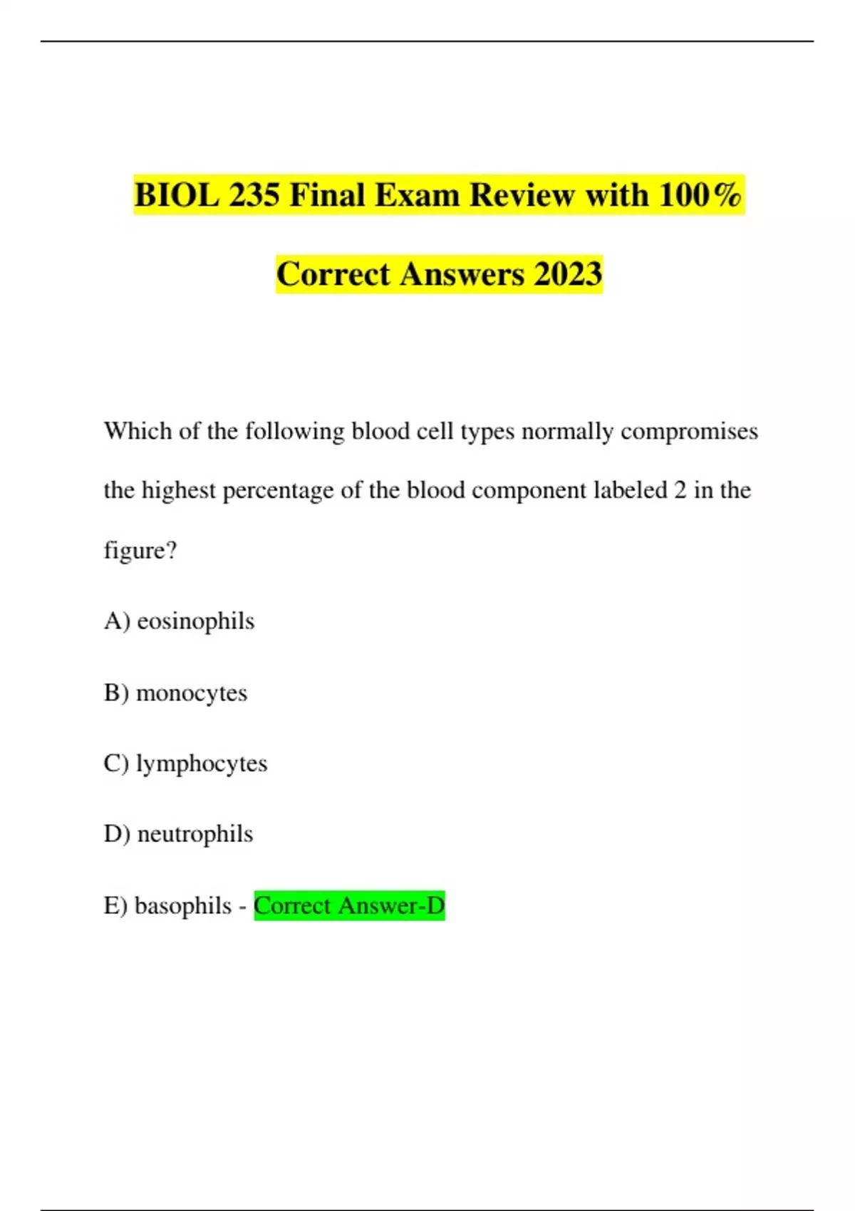 Biol 235 Final Exam Review With 100 Correct Answers 2023 Biol 235
