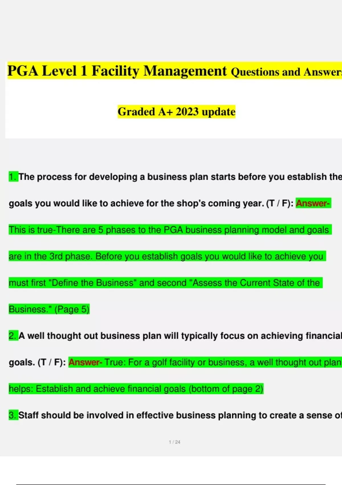 PGA Level 1 Facility Management Questions and Answers Graded A+ 2023 ...