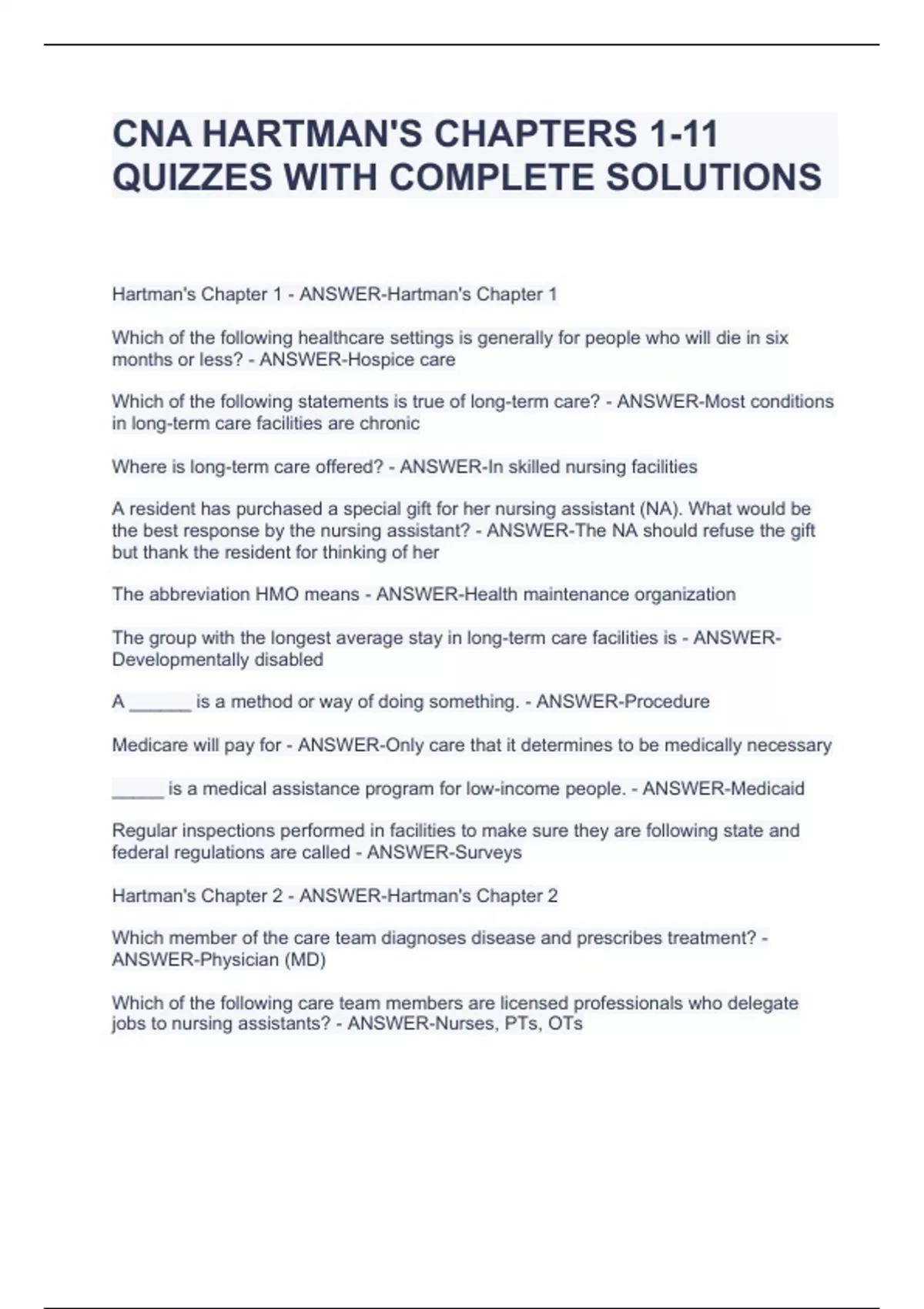 CNA HARTMAN'S CHAPTERS 1-11 QUIZZES WITH COMPLETE SOLUTIONS - HARTMAN\'S - Stuvia US