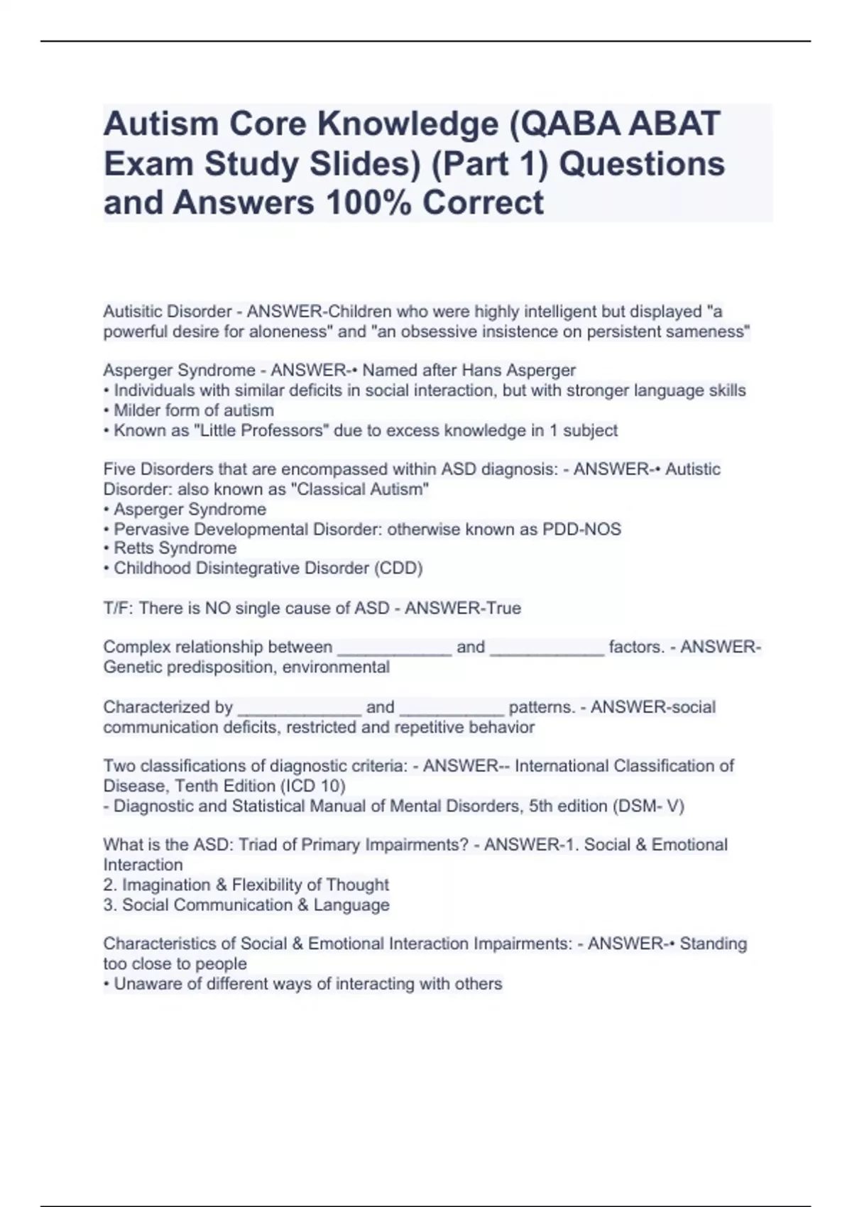 Autism Core Knowledge (QABA ABAT Exam Study Slides) (Part 1) Questions ...