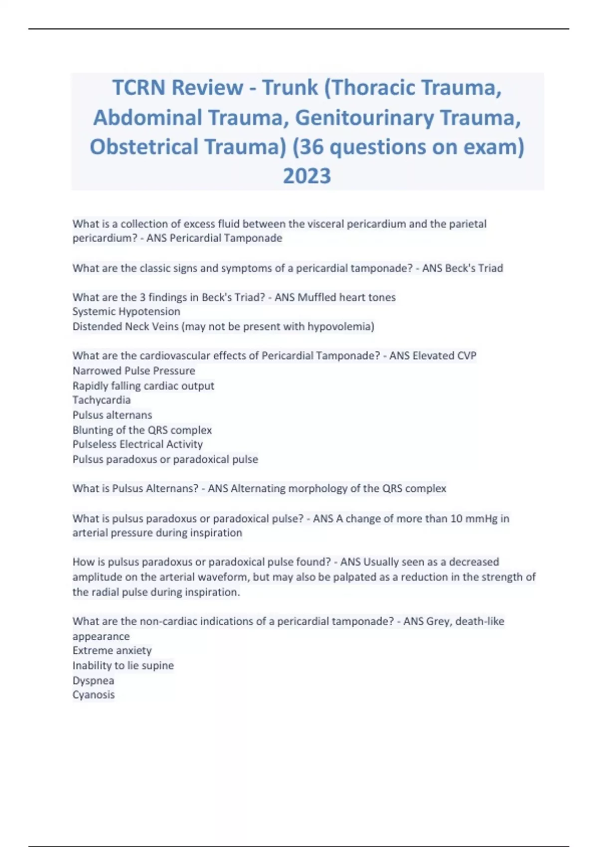 TCRN Review - Trunk (Thoracic Trauma, Abdominal Trauma, Genitourinary ...