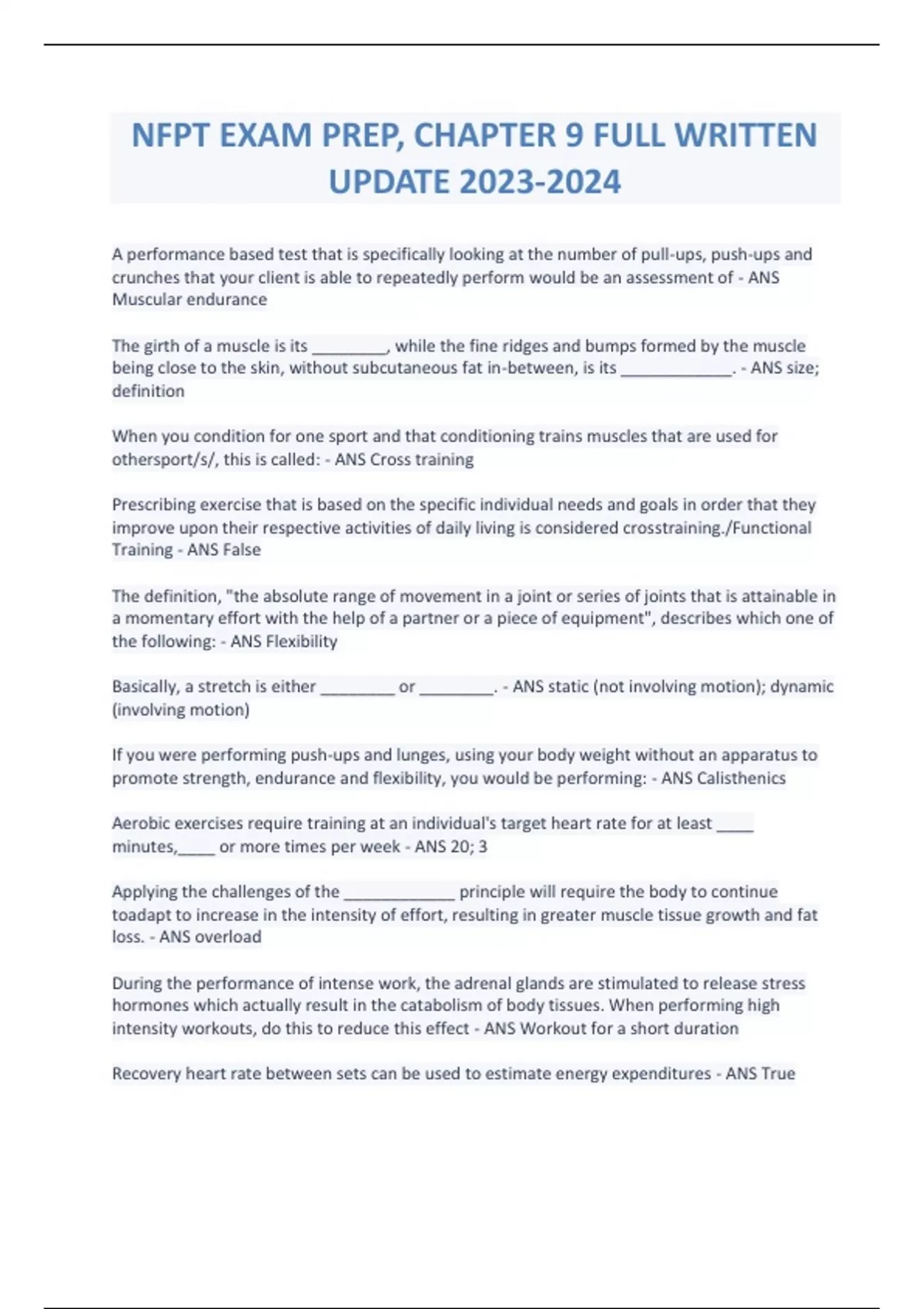 NFPT EXAM PREP, CHAPTER 9 FULL WRITTEN UPDATE - Nfpt - Stuvia US