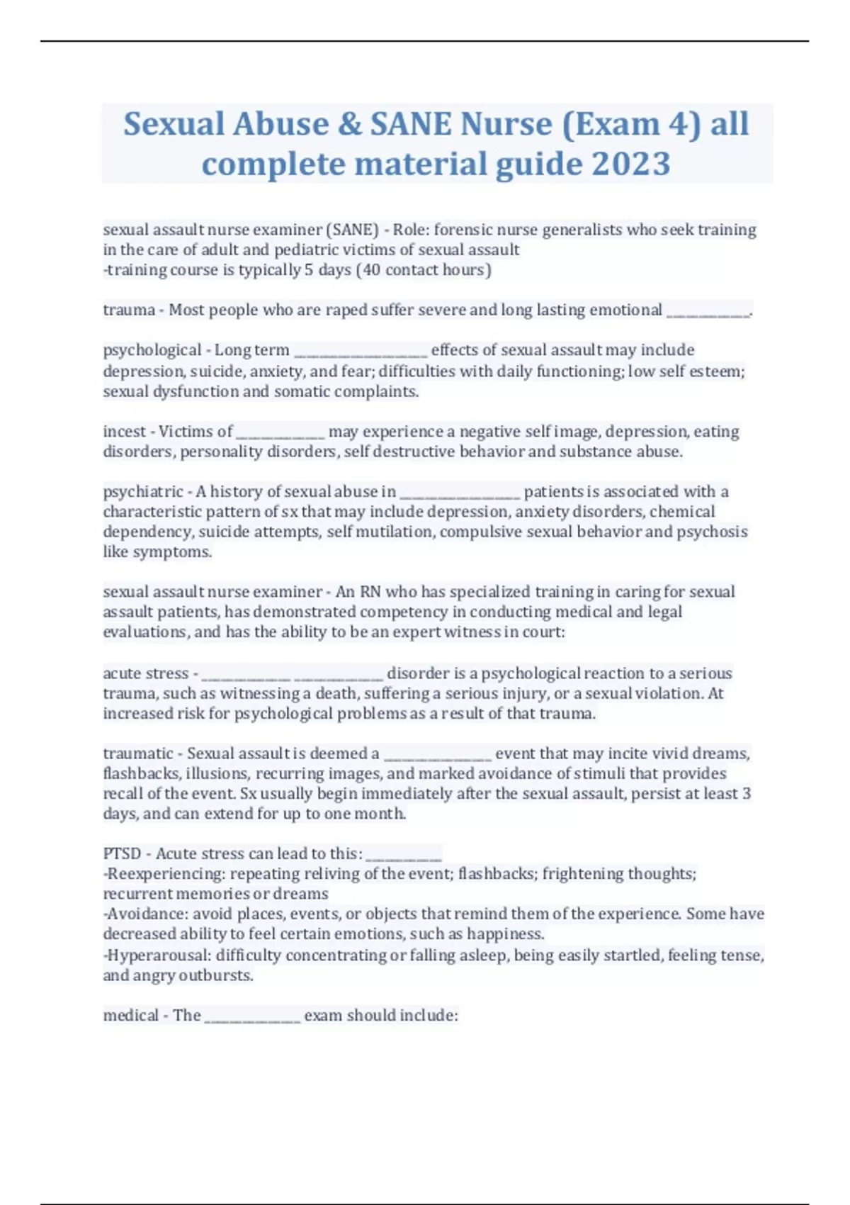 Sexual Abuse & SANE Nurse (Exam 4) all complete material guide 2023 ...