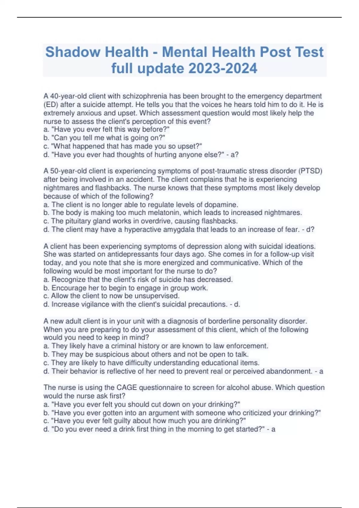 Shadow Health - Mental Health Post Test full update - SHADOW HEALTH ...