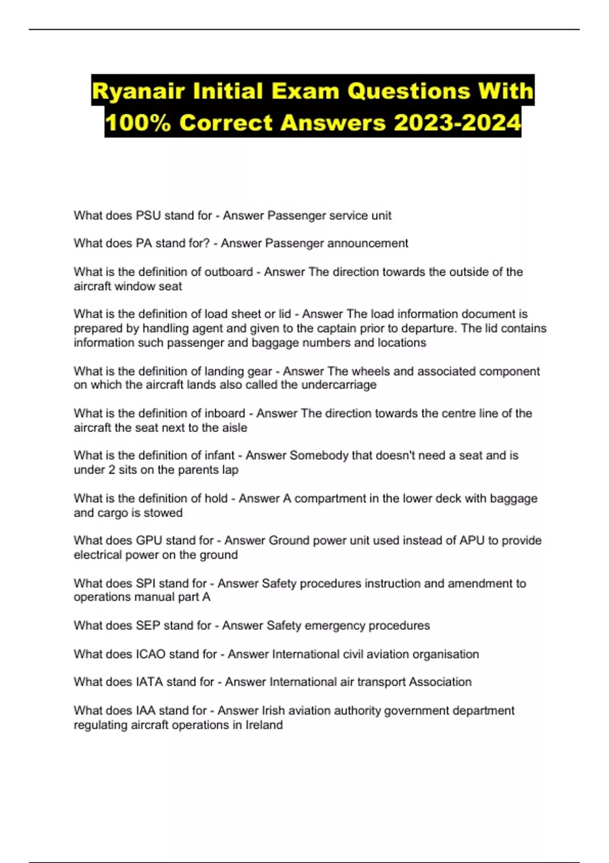Ryanair Initial Exam Questions With 100% Correct Answers - Ryanair ...