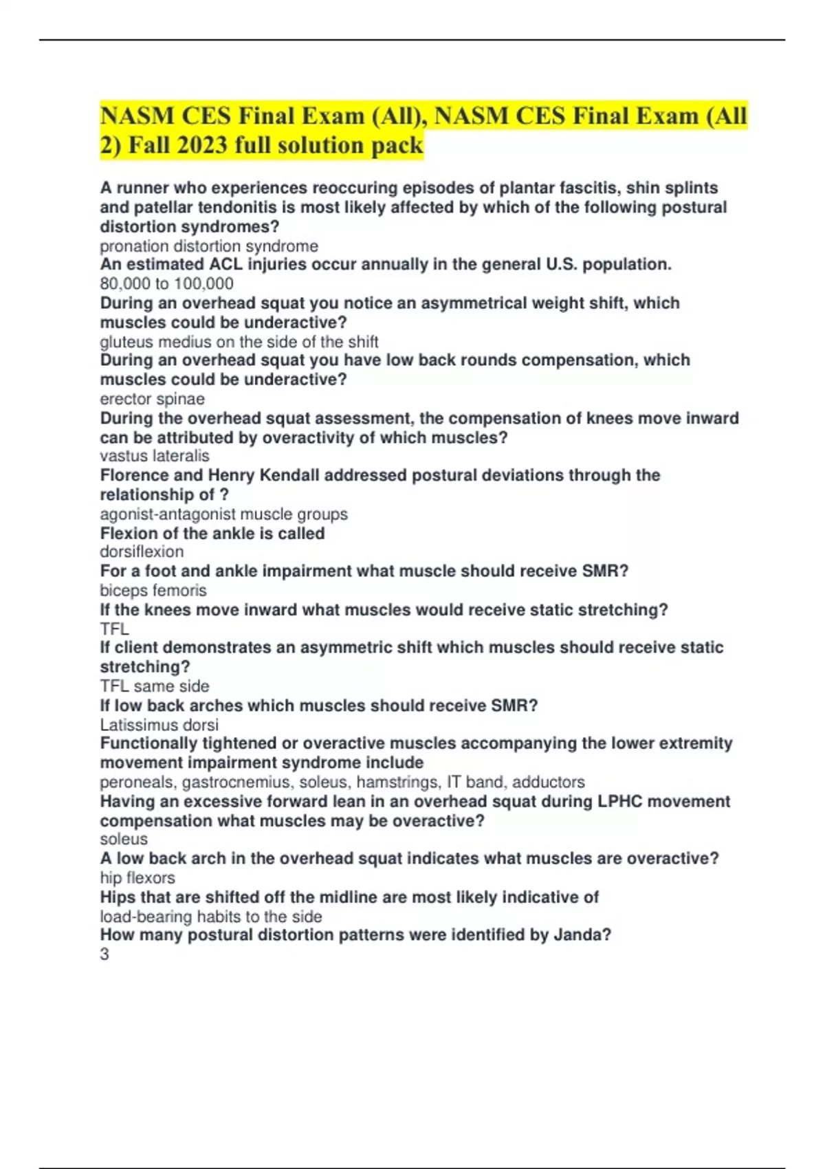 NASM CES Final Exam (All), NASM CES Final Exam (All 2) Fall 2023 full solution pack - Exercise ...