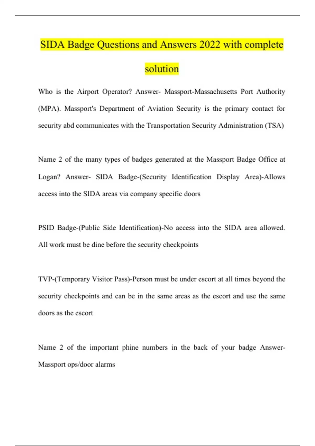 SIDA Badge Questions and Answers 2022 with complete solution - SIDA ...