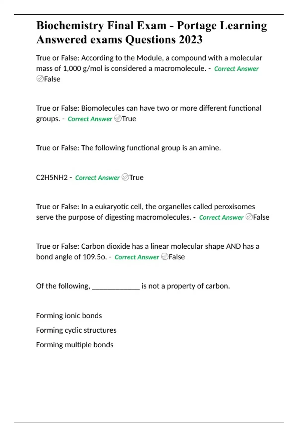 Biochemistry Final Exam - Portage Learning Answered exams Questions ...