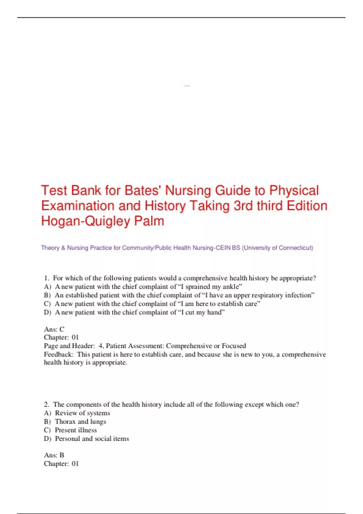 Test Bank for Bates' Nursing Guide to Physical Examination and History ...