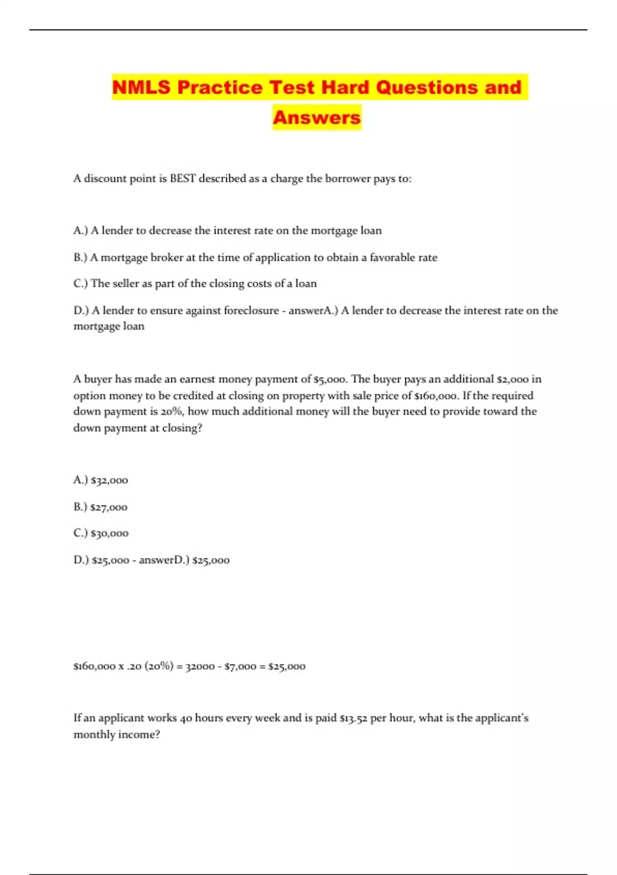 NMLS Practice Test Hard Questions and Answers GRADED A+ 2023|2024 ...