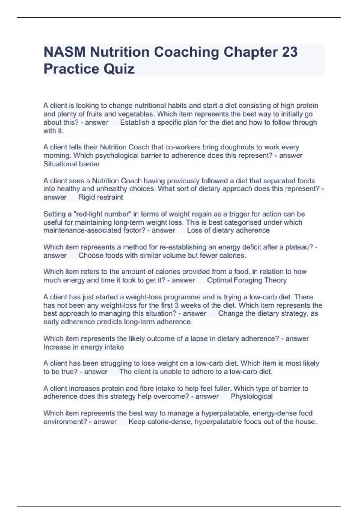 NASM Nutrition Coaching Chapter 23 Practice Quiz Questions Answered ...