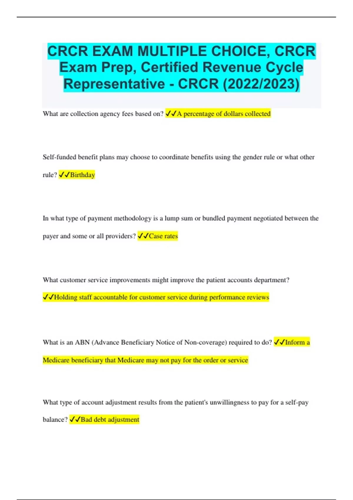 CRCR EXAM MULTIPLE CHOICE, CRCR Exam Prep, Certified Revenue Cycle Representative - CRCR (2023 ...