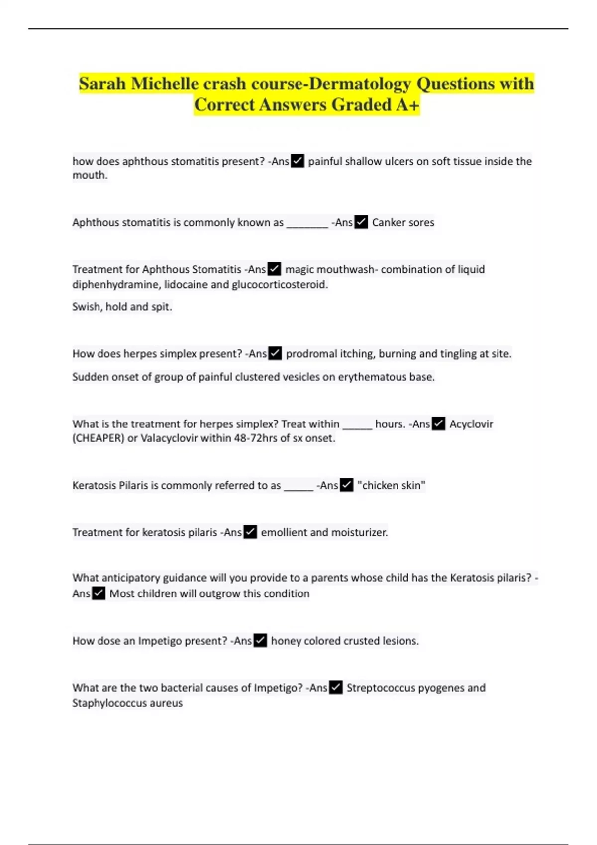Sarah Michelle crash course-Dermatology Questions with Correct Answers ...