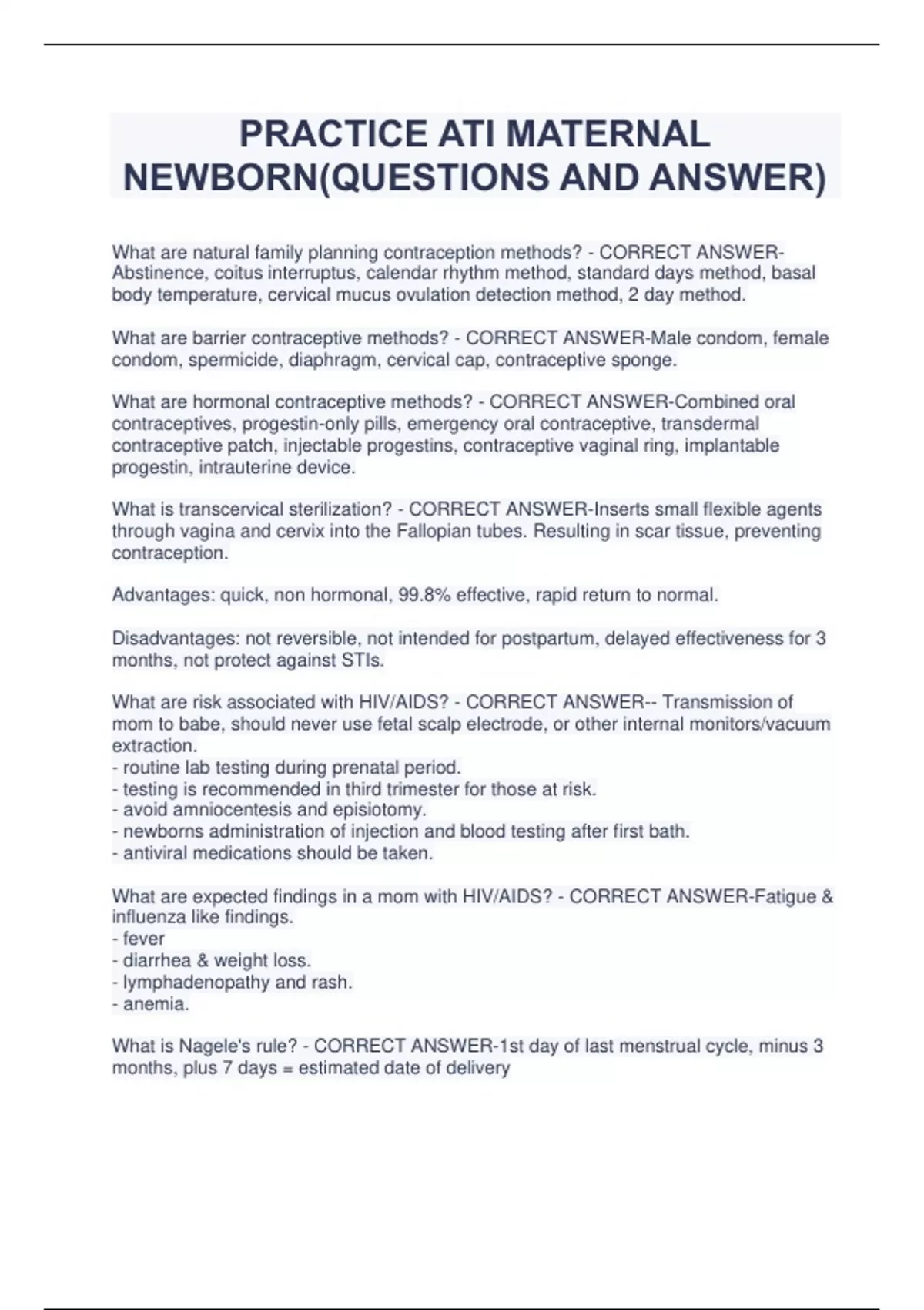 PRACTICE ATI MATERNAL NEWBORN(QUESTIONS AND ANSWER) - MATERNAL NEWBORN ...