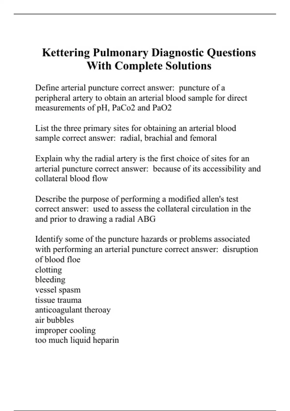 Kettering Pulmonary Diagnostic Questions With Complete Solutions ...