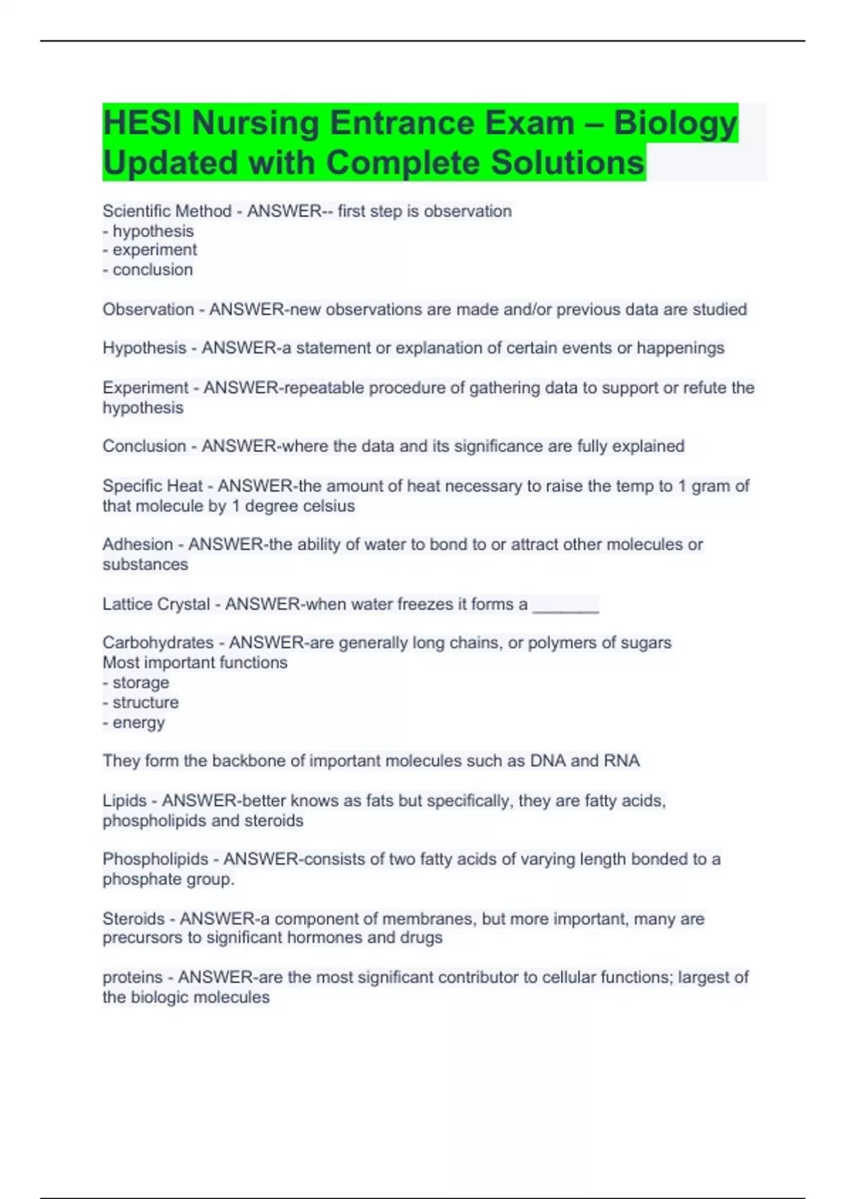 HESI Nursing Entrance Exam – Biology Updated with Complete Solutions ...