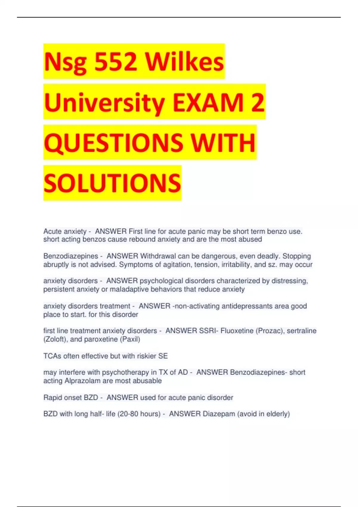 Nsg 552 Wilkes University EXAM 2 QUESTIONS WITH SOLUTIONS - Nsg 552 - Stuvia US