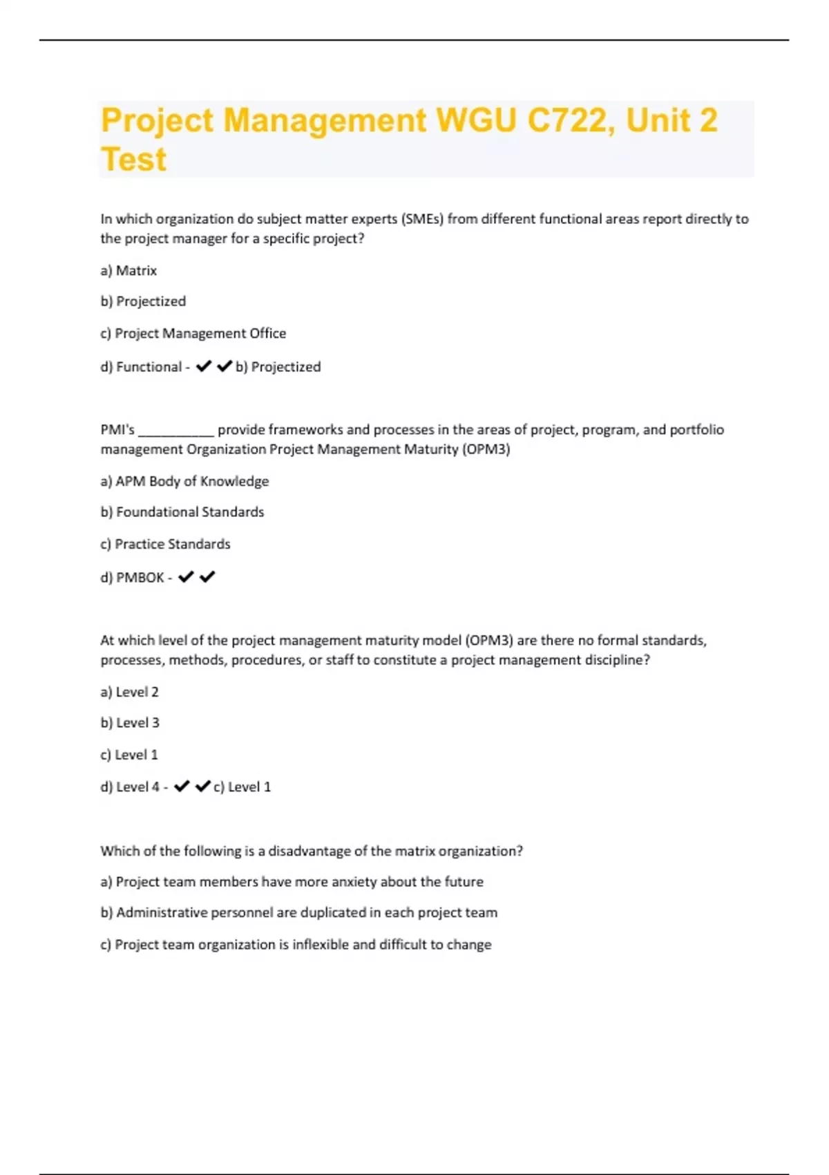 Project Management WGU C722, Unit 2 Exam Solved 100% Correct!! - Project Management WGU C722 ...
