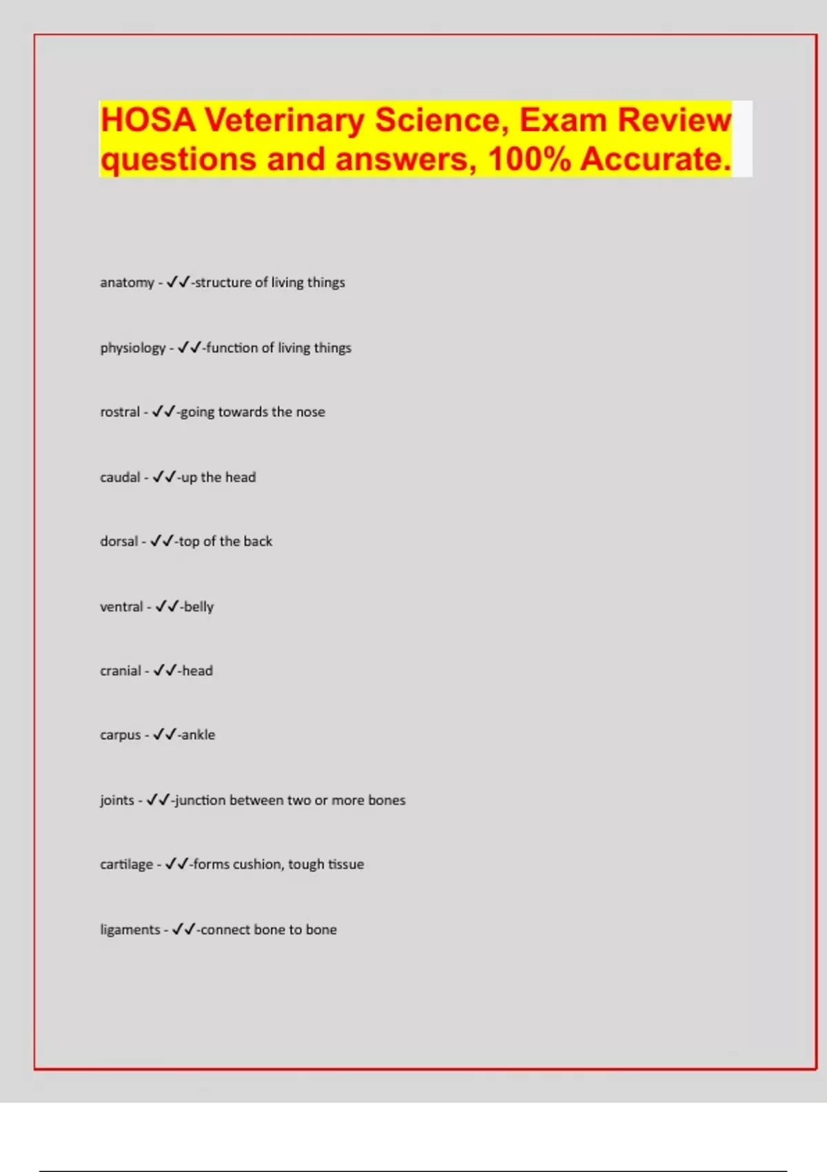 HOSA Veterinary Science, Exam Review questions and answers, 100% ...