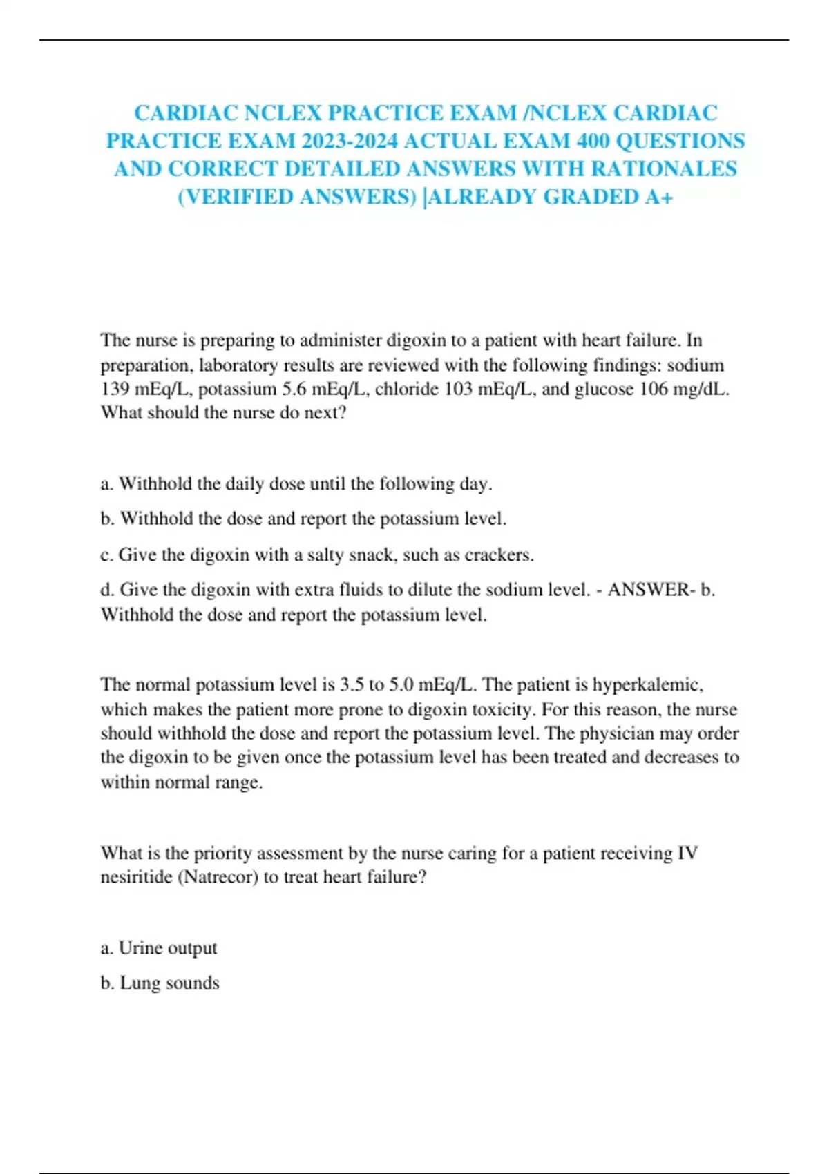 CARDIAC NCLEX PRACTICE EXAM /NCLEX CARDIAC PRACTICE EXAM ACTUAL EXAM ...