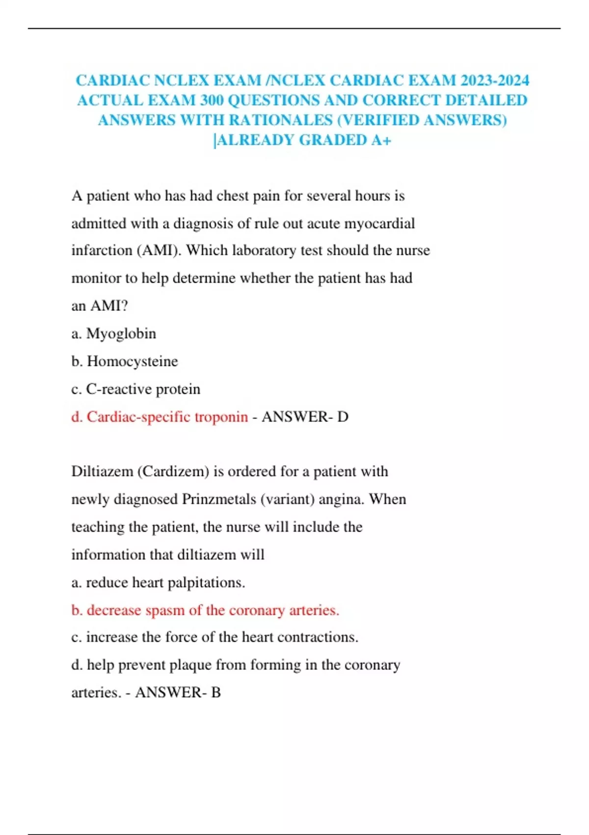 CARDIAC NCLEX EXAM /NCLEX CARDIAC EXAM ACTUAL EXAM 300 QUESTIONS AND ...