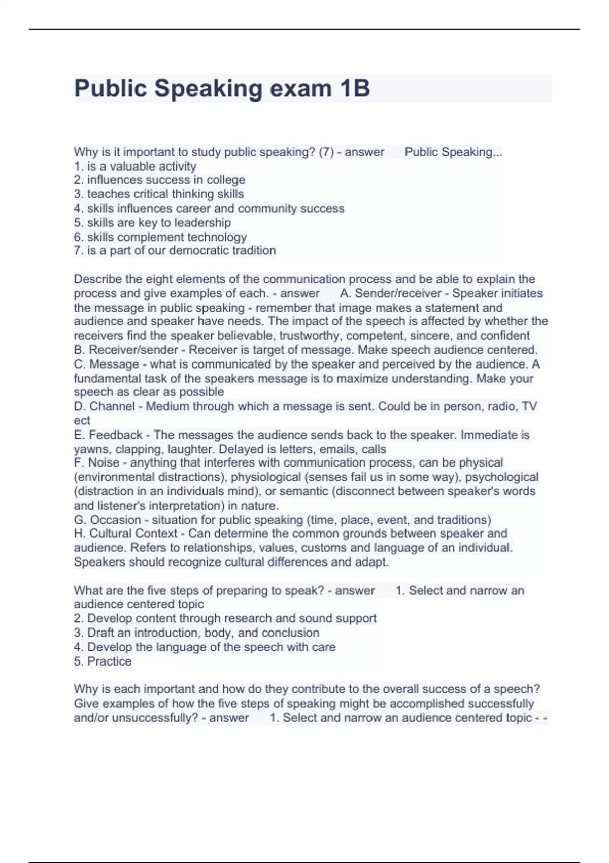 Public Speaking exam 1B Questions with correct Answers 2023 - Public ...