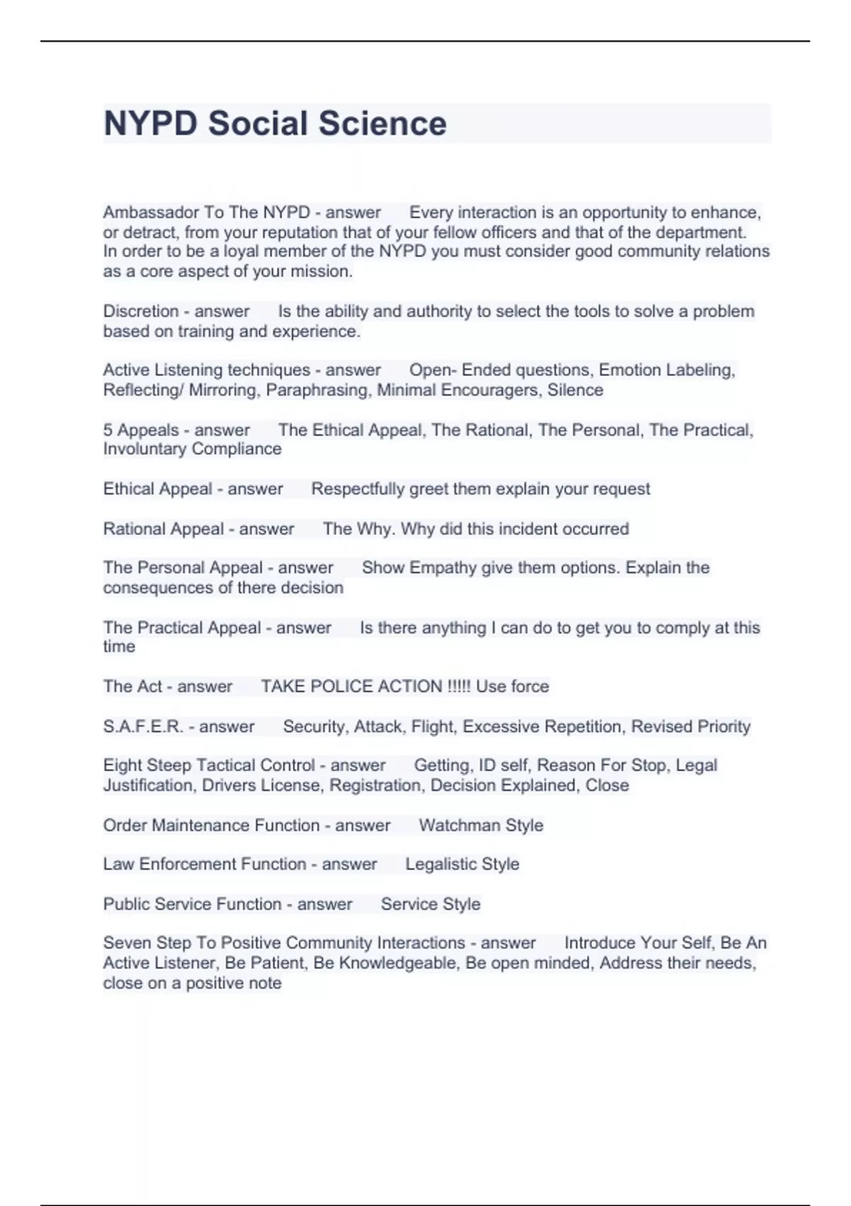 NYPD Social Science. Questions with correct 2023 - Nypd - Stuvia US