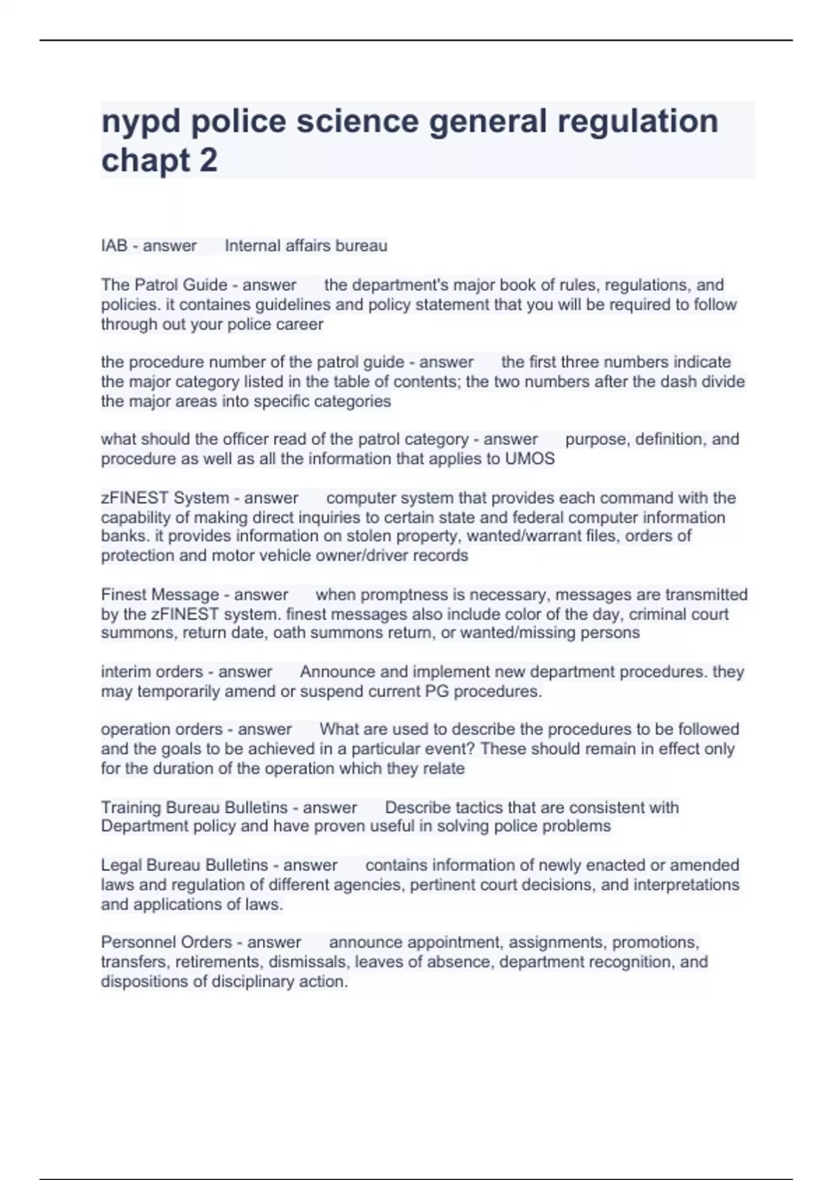 nypd police science general regulation chapt 2 Questions with correct ...