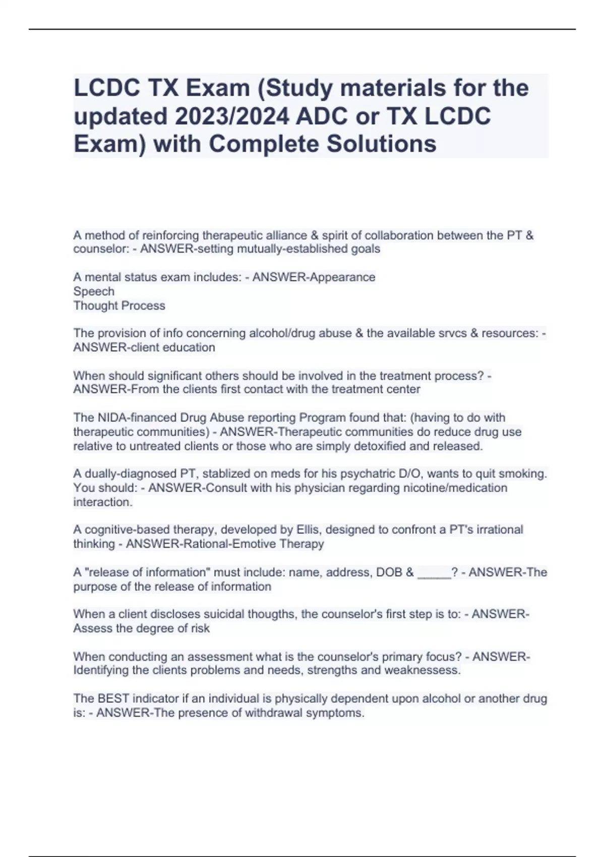 LCDC TX Exam (Study materials for the updated 2023/2024 ADC or TX LCDC Exam) with Complete ...