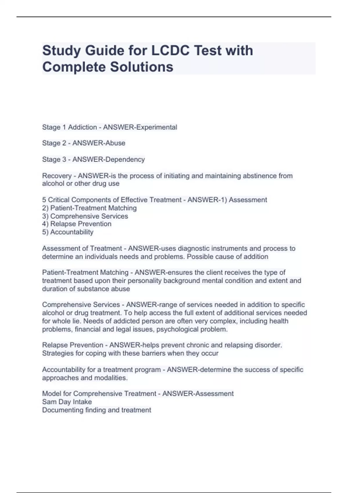 Study Guide for LCDC Test with Complete Solutions - LCDC - Stuvia US