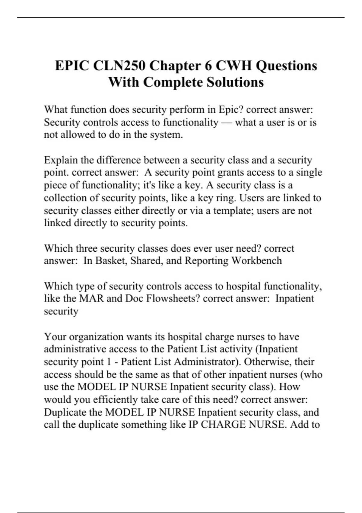 EPIC CLN250 Chapter 6 CWH Questions With Complete Solutions - CLN 250 - Stuvia US