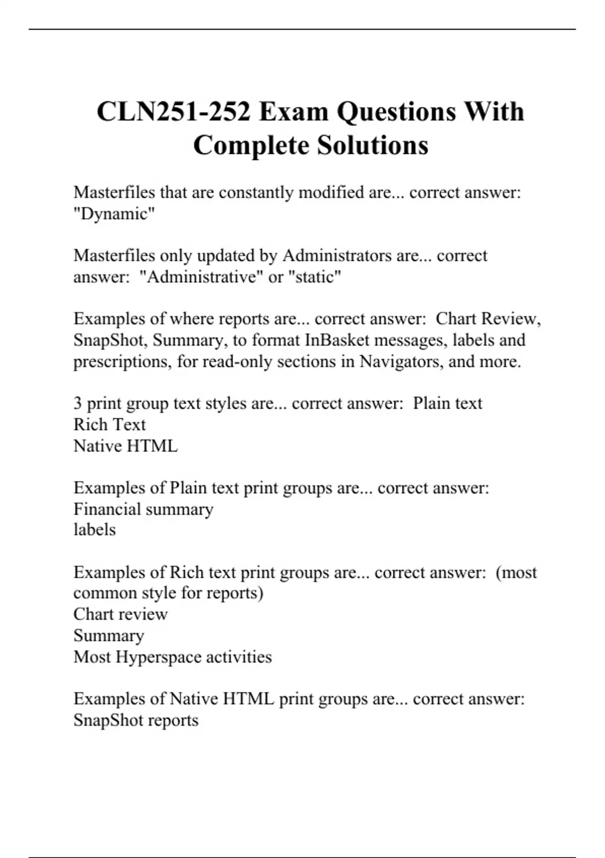 CLN251-252 Exam Questions With Complete Solutions - CLN251/252 - Stuvia US
