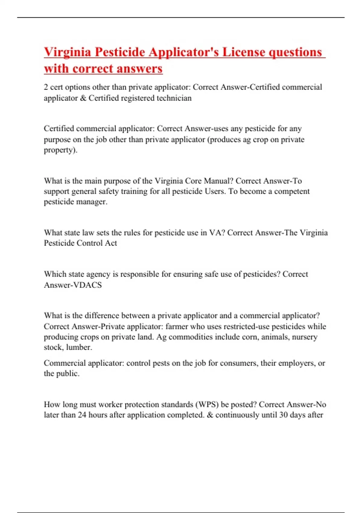 Virginia Pesticide Applicator's License questions with correct answers ...