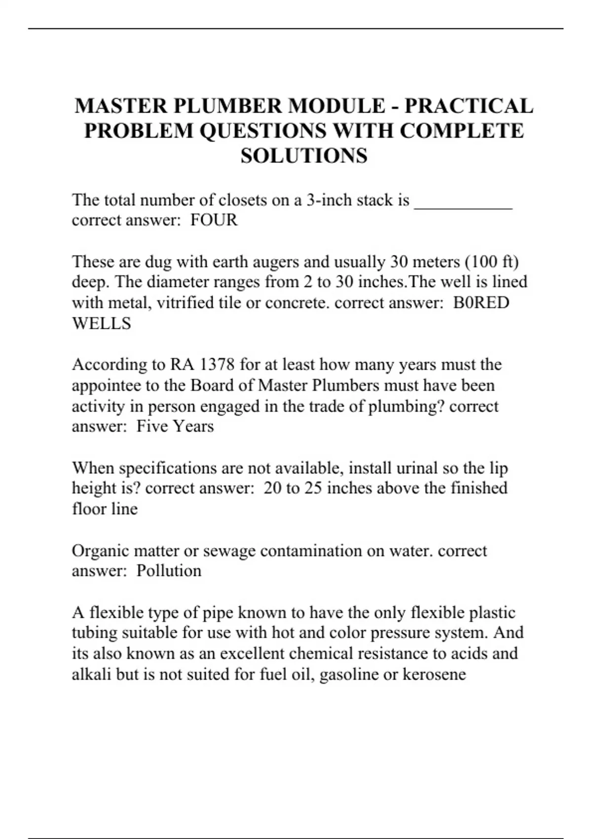 MASTER PLUMBER MODULE - PRACTICAL PROBLEM QUESTIONS WITH COMPLETE ...