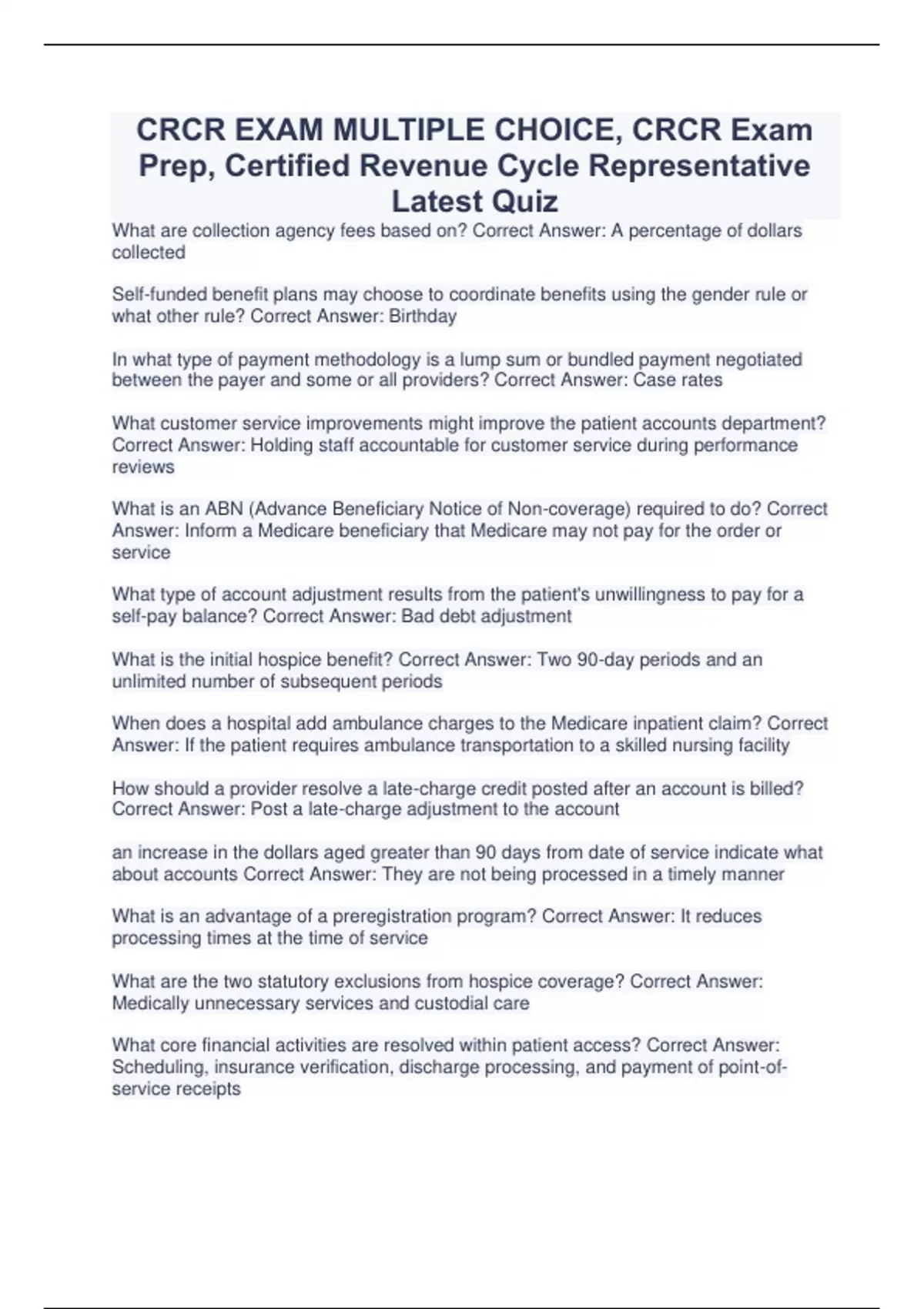 CRCR EXAM MULTIPLE CHOICE, CRCR Exam Prep, Certified Revenue Cycle ...