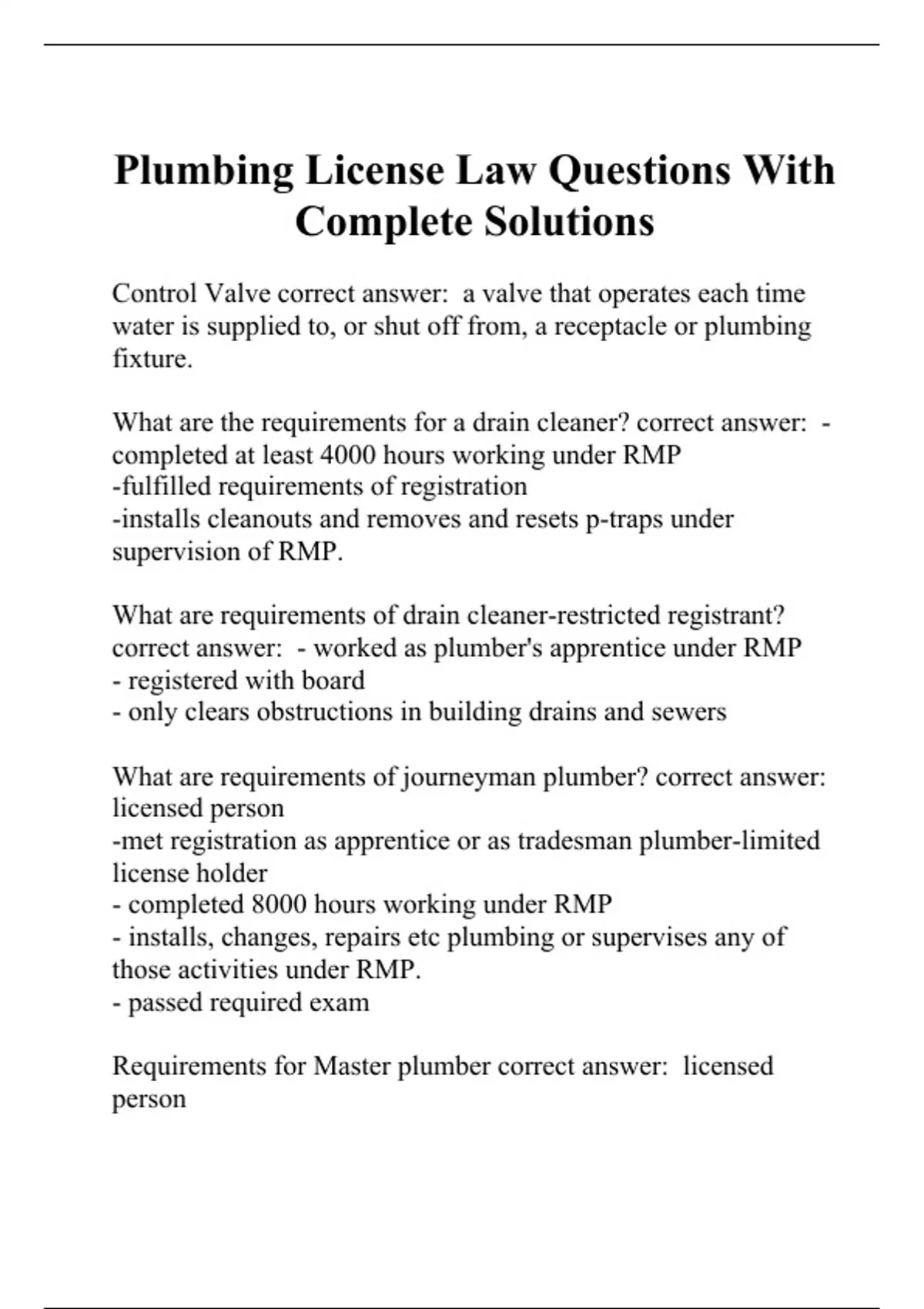 Plumbing License Law Questions With Complete Solutions - Plumbing ...