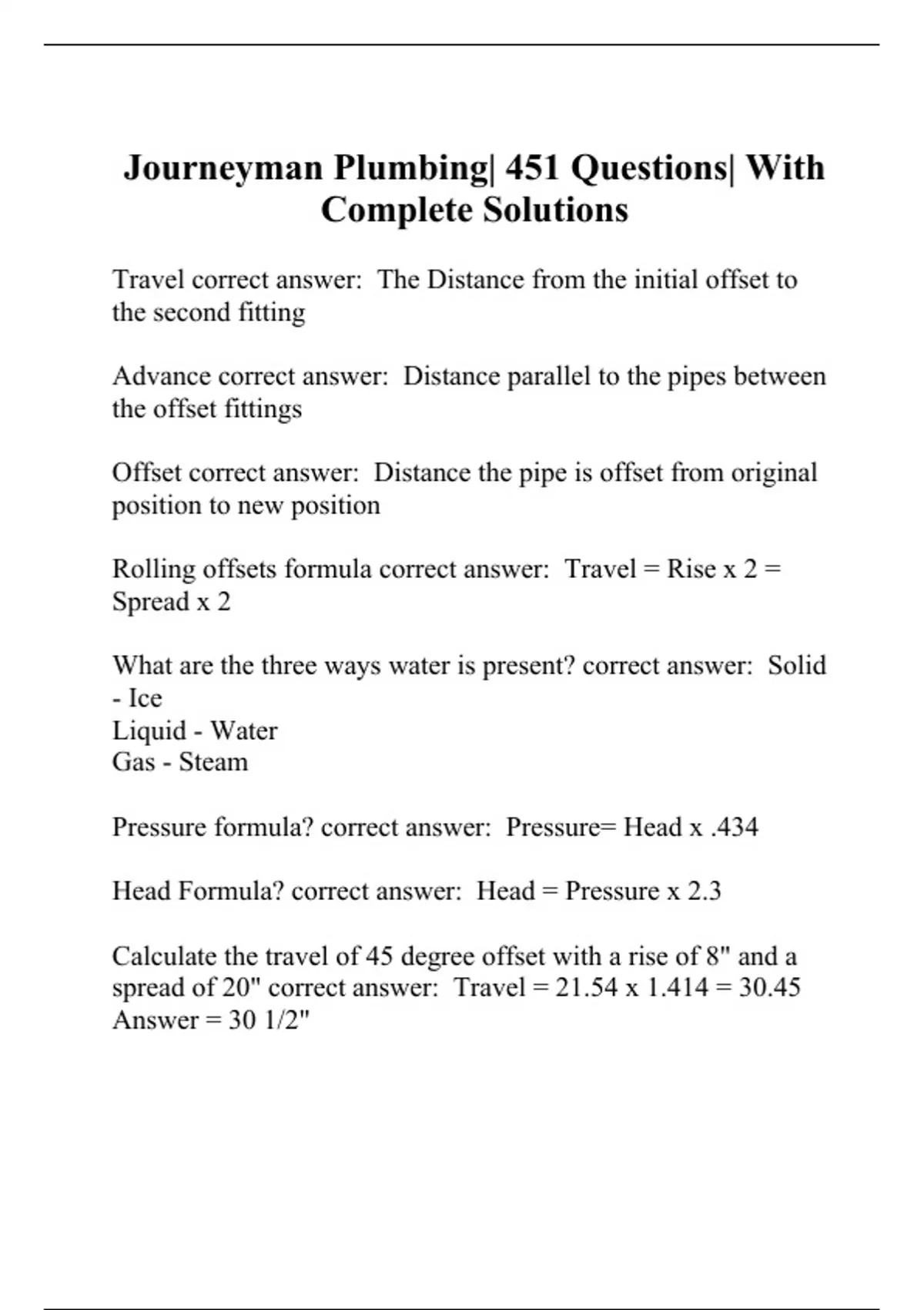 Journeyman Plumbing| 451 Questions| With Complete Solutions - Plumbing ...