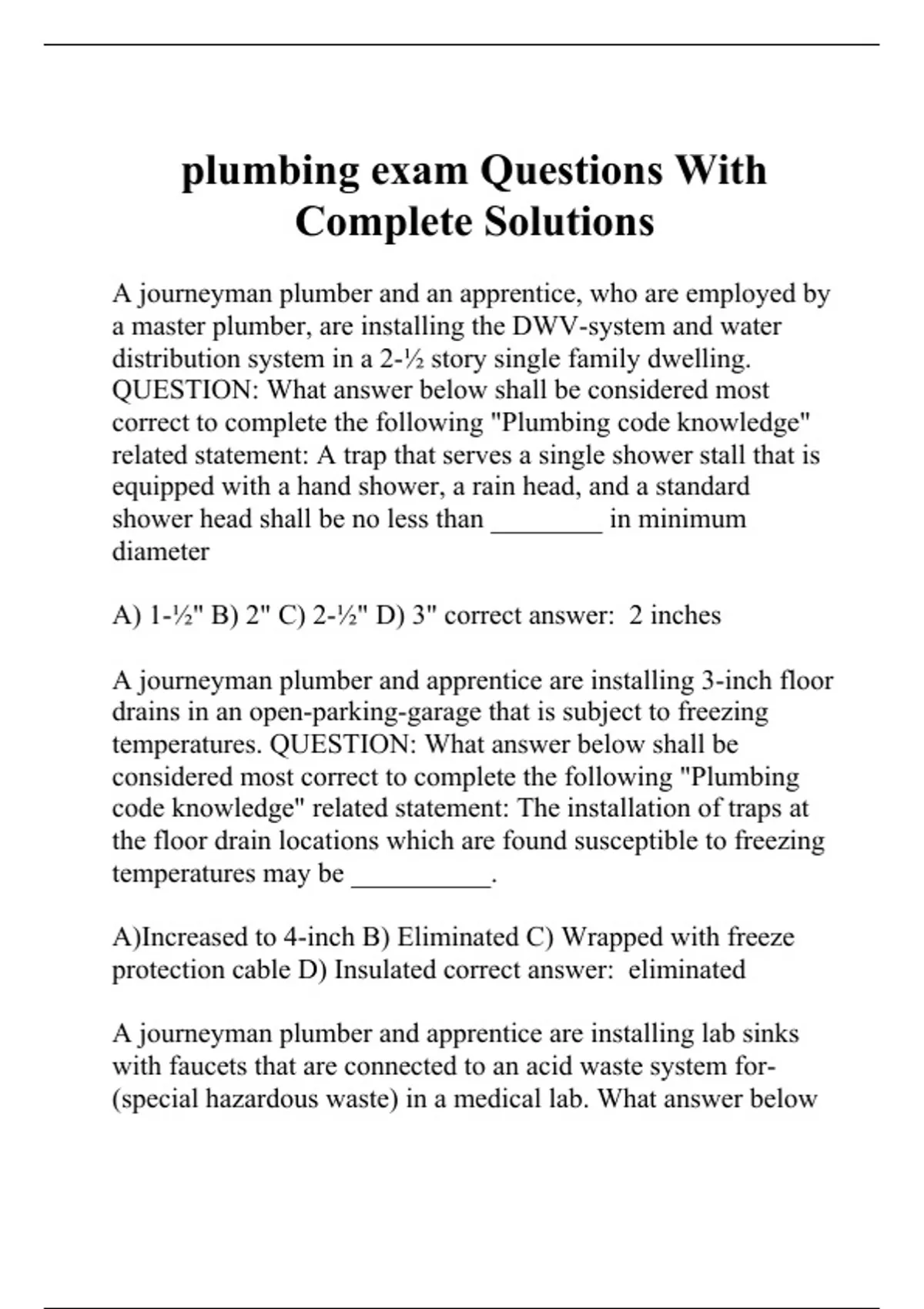 plumbing exam Questions With Complete Solutions - Plumbing - Stuvia US