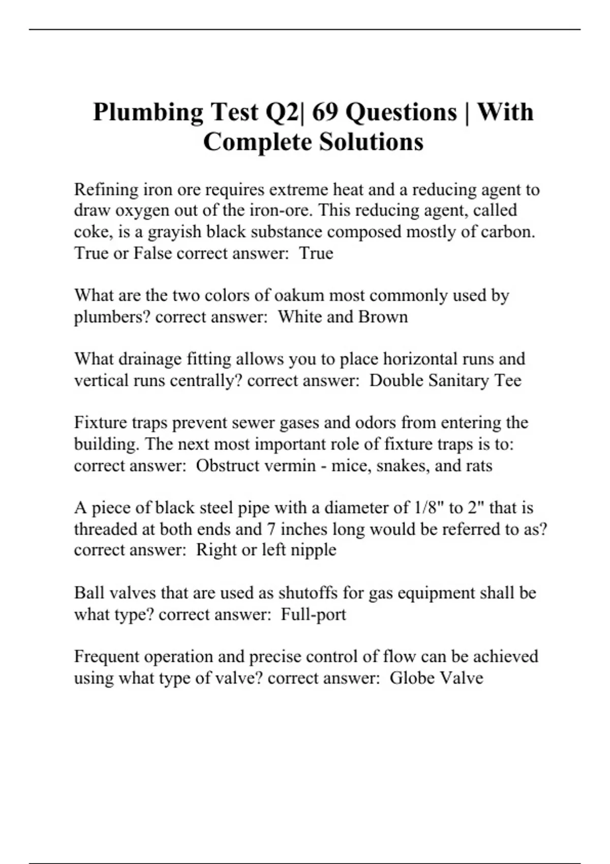 Plumbing Test Q2| 69 Questions | With Complete Solutions - Plumbing ...