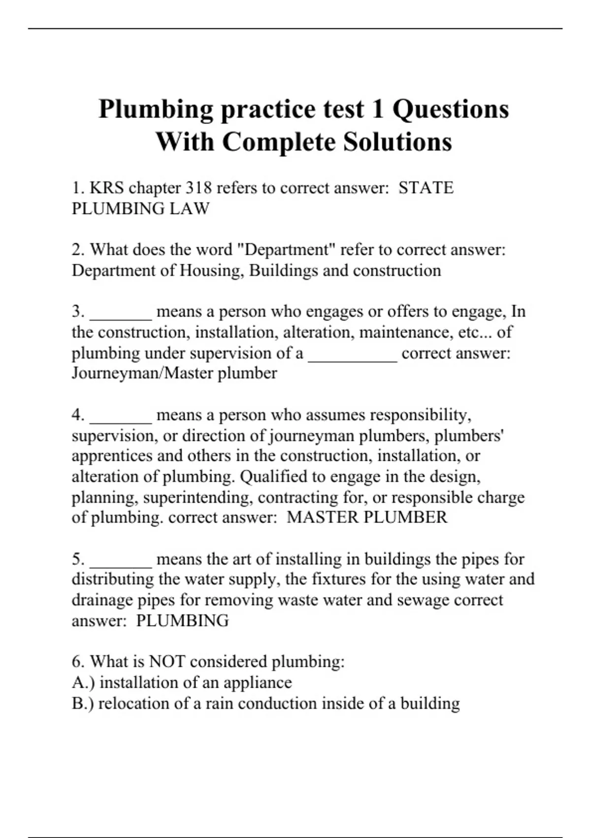 Plumbing practice test 1 Questions With Complete Solutions - Plumbing ...