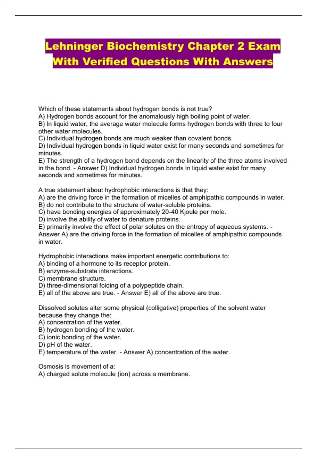 Lehninger Biochemistry Chapter 2 Exam With Verified Questions With ...