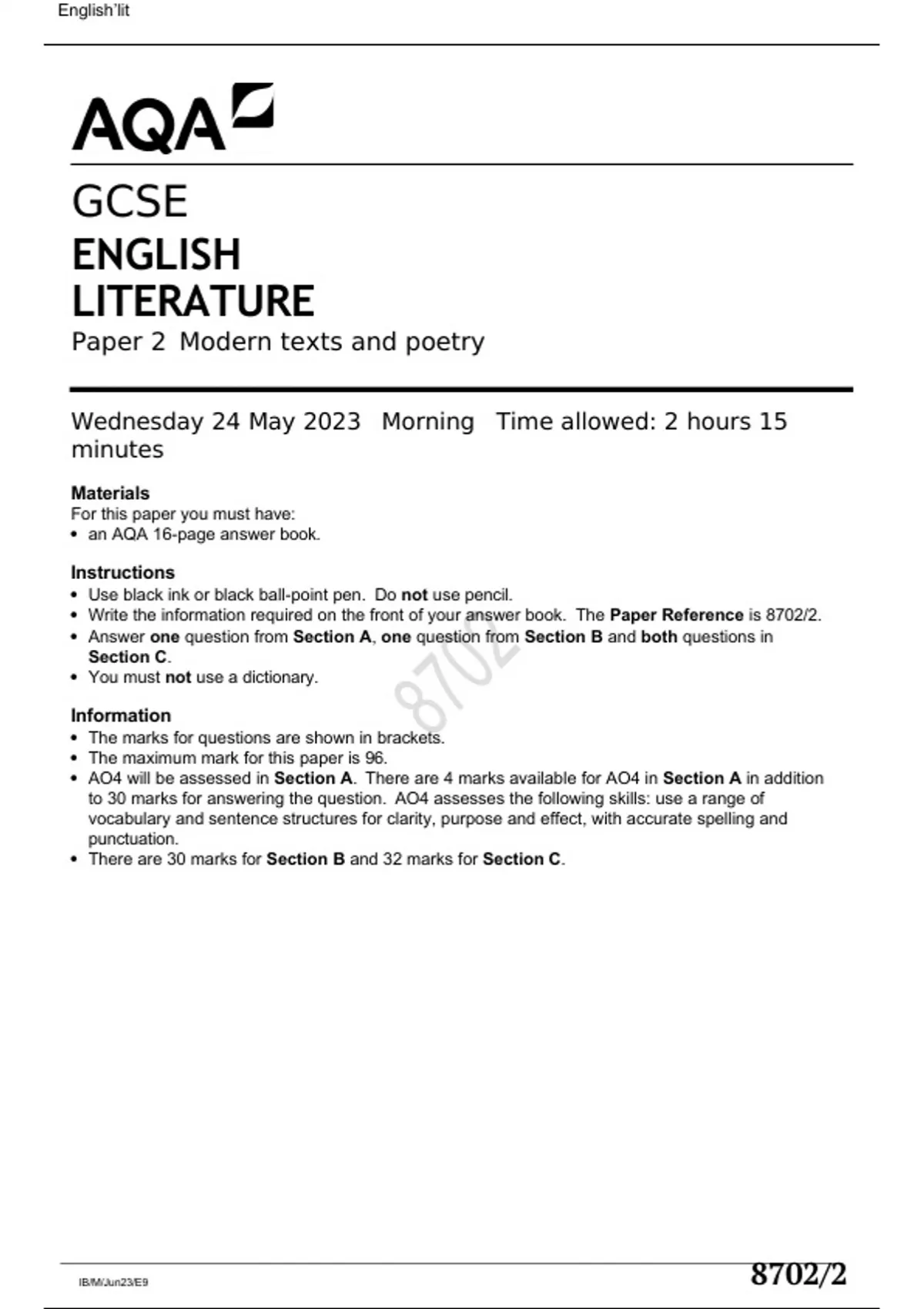 AQA GCSE ENGLISH LITERATURE Paper 2 JUNE 2023 Question Paper Modern AQA GCSE ENGLISH LITERATURE Paper 2 JUNE 2023 Question Paper Modern