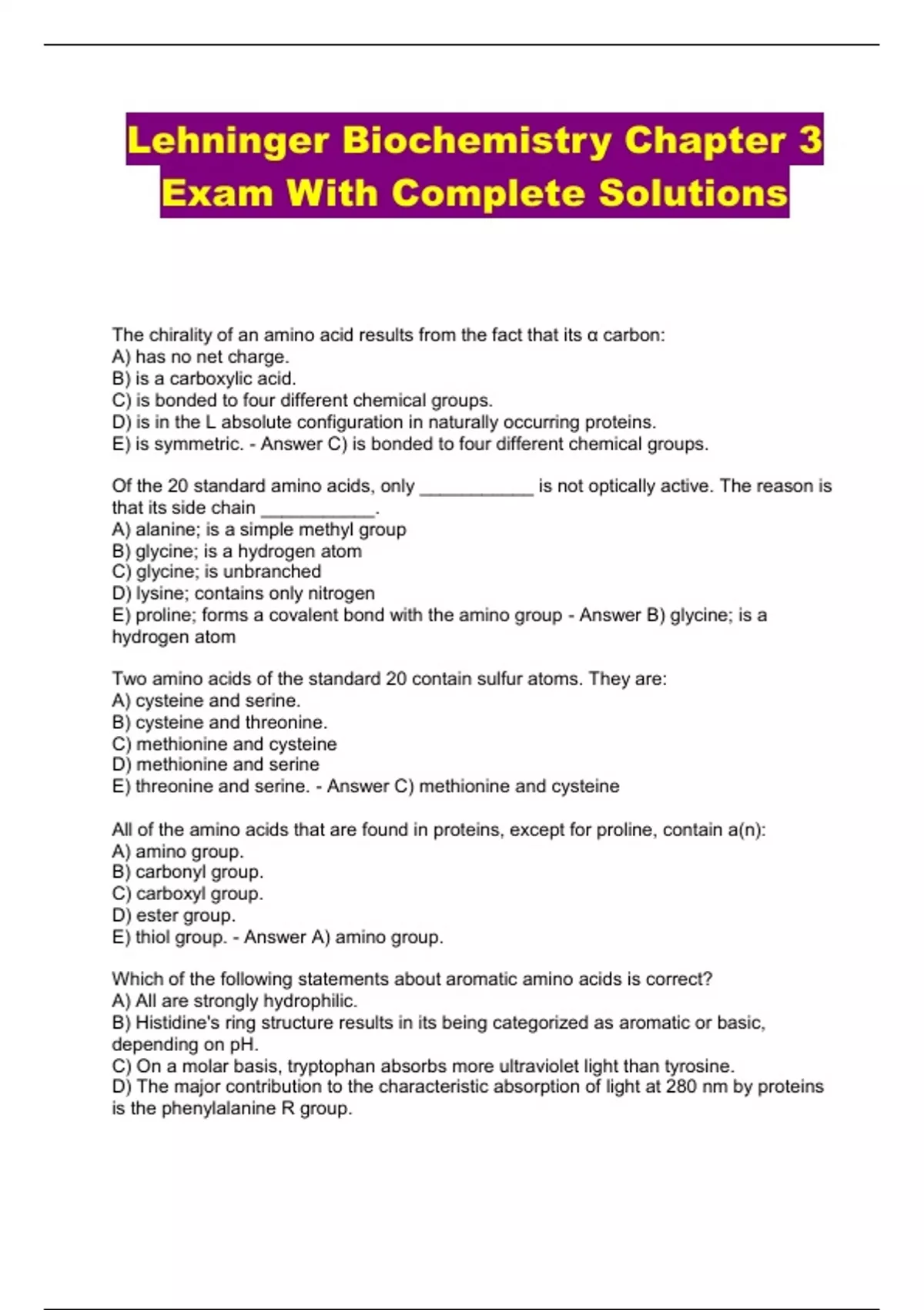 Lehninger Biochemistry Chapter 3 Exam With Complete Solutions - Lehninger Biochemistry Chapter 3 ...