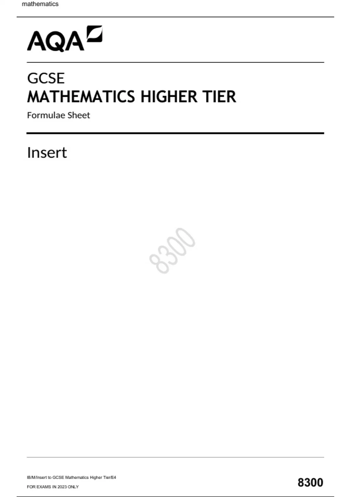 GCSE MATHEMATICS HIGHER TIER Formulae Sheet 2H Insert June 2023 - GCSE ...