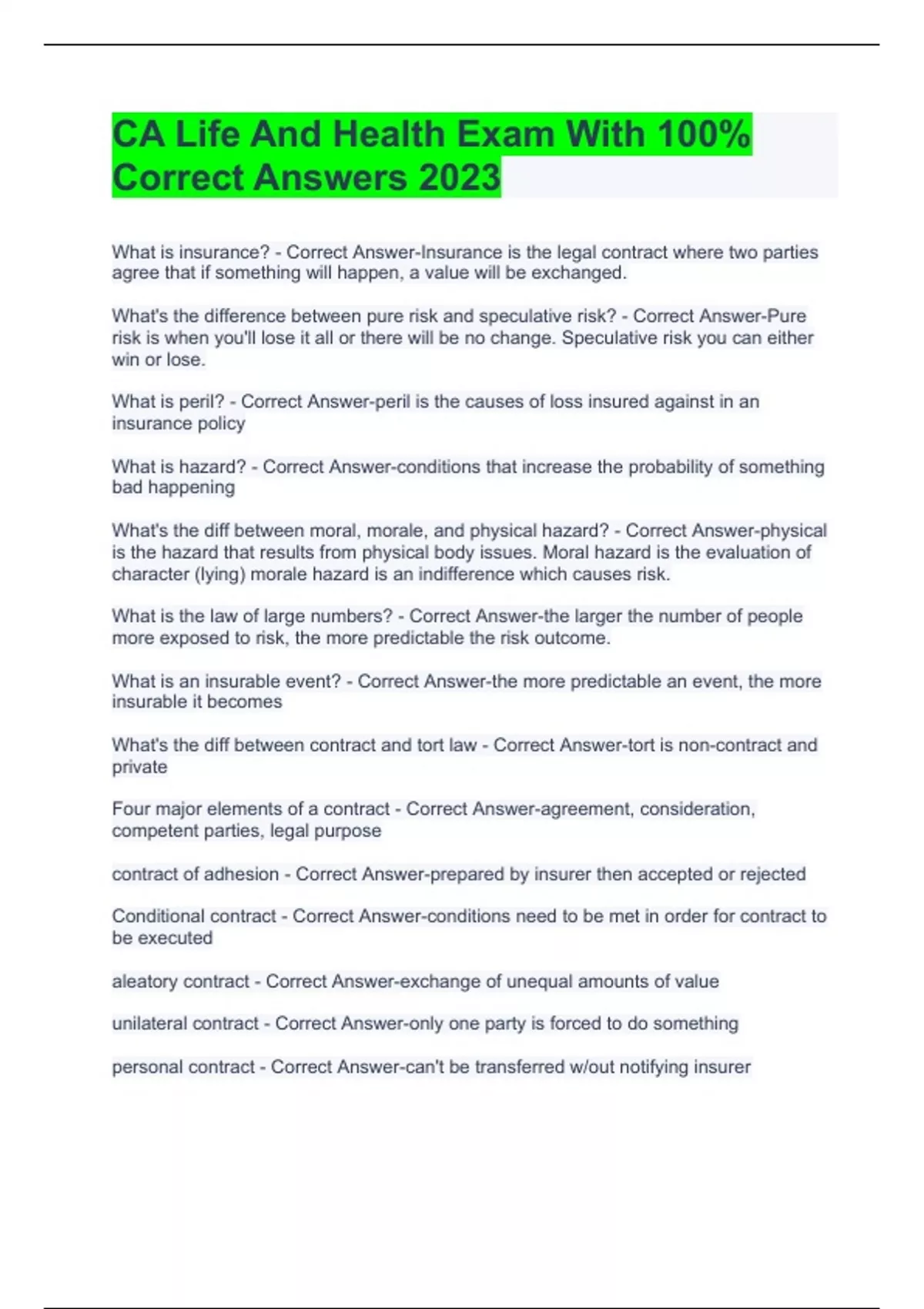 CA Life And Health Exam With 100% Correct Answers 2023 - CA Life And ...