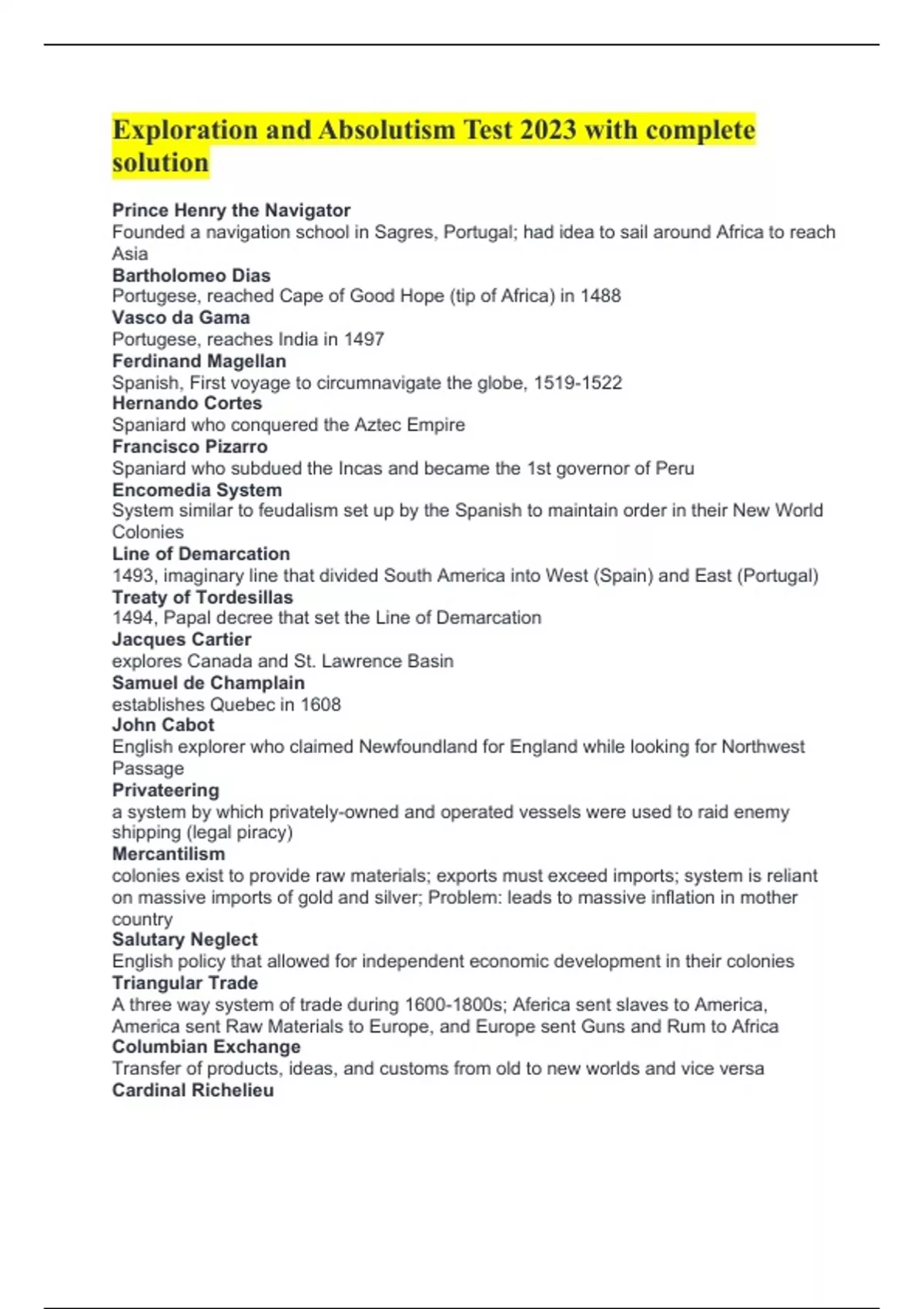 Exploration and Absolutism Test 2023 with complete solution ...