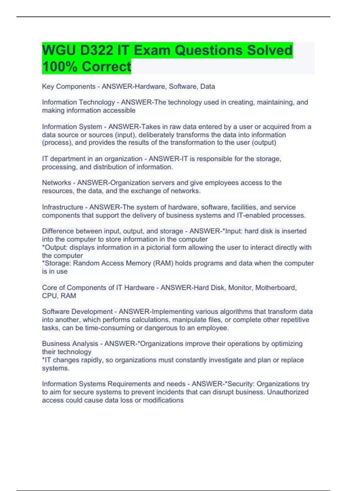 WGU D322 IT Exam Questions Solved 100% Correct - WGU D322 - Stuvia US